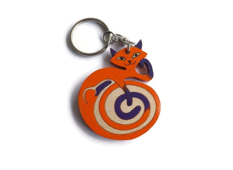 Keychain Cat in Orange Yellow hand-painted wood laser cut | Etsy