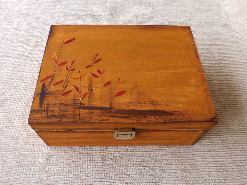 Wood Tea Box With Autumn Leaves, Hand-painted Customized Wooden Storage ...