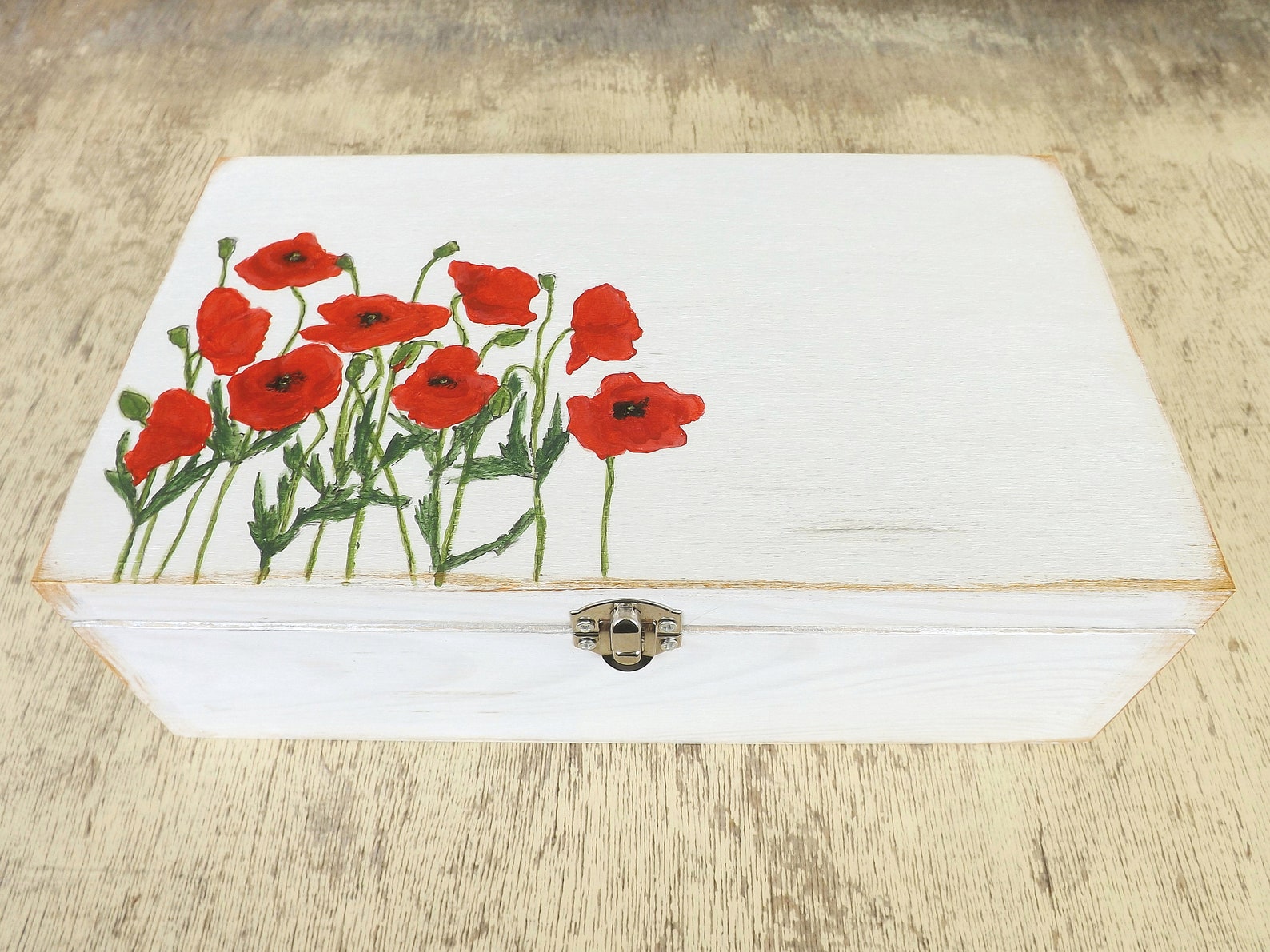 Big Wooden Tea Box With Poppies, Handpainted Personalized Chest, Tea ...