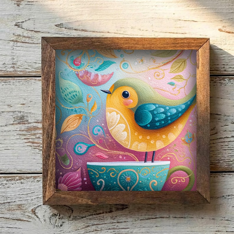 Colorful Folk Art Bird Print | Whimsical Teacup Decor, Gift for Bird ...