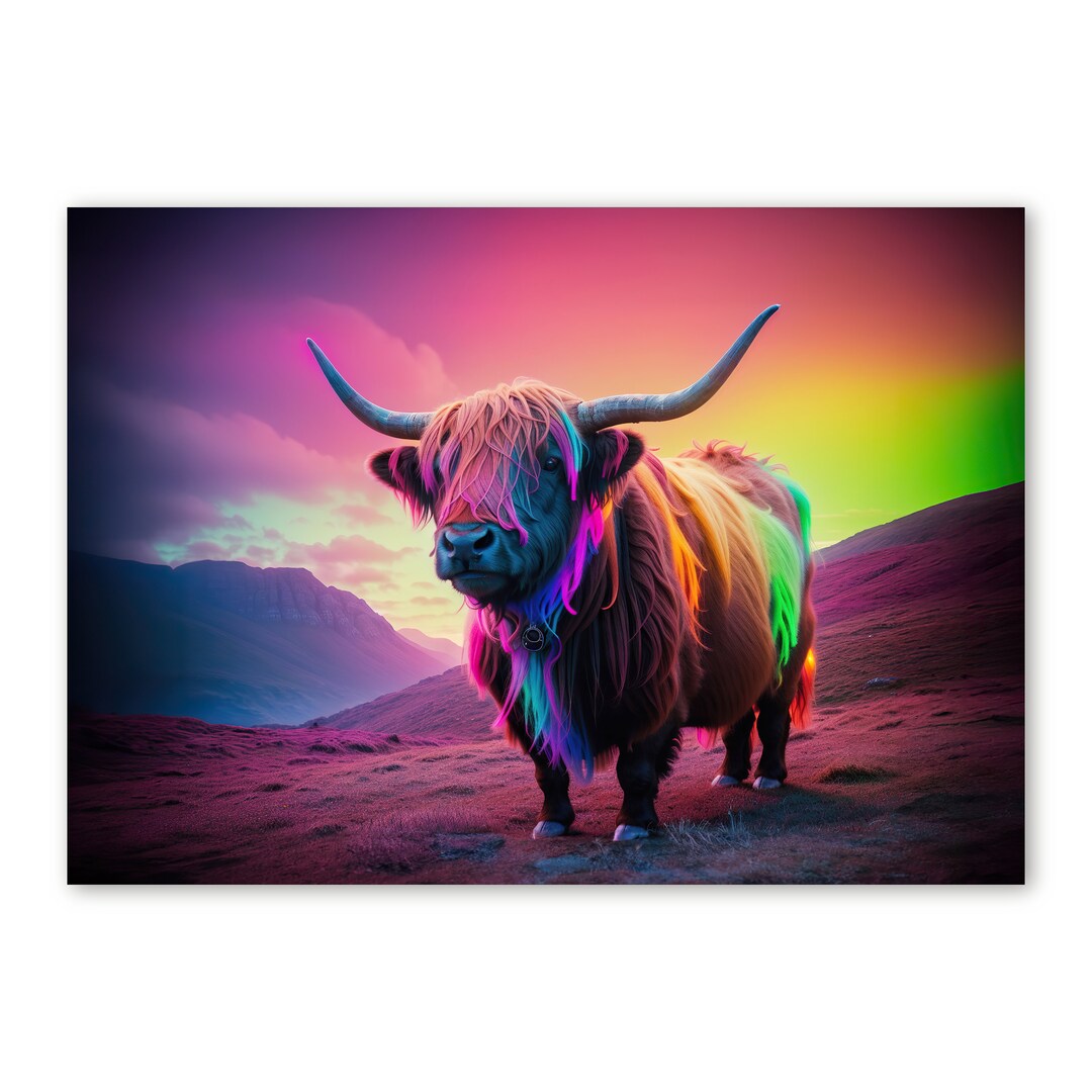 Neon Highland Cow Standing in a Field Print (neon Coos #1) - Etsy