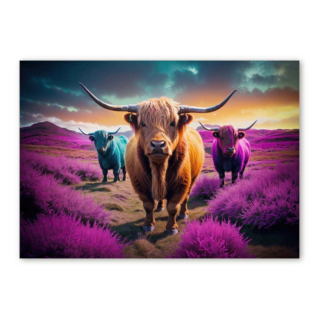 Neon Highland Cows Standing in a Field Print (neon Coos #6) - Etsy