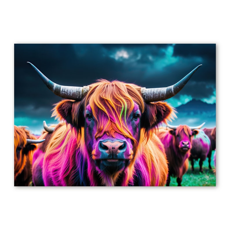 Neon Highland Cow Standing in a Field Print (neon Coos #10) - Etsy