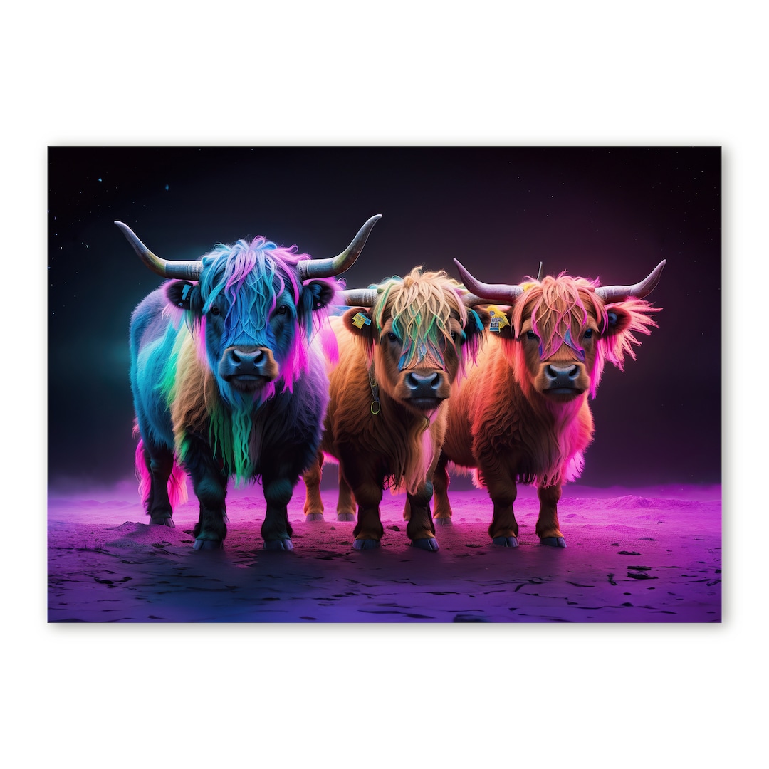 Neon Highland Cows Against A Black Background Print neon Coos 8 - Etsy