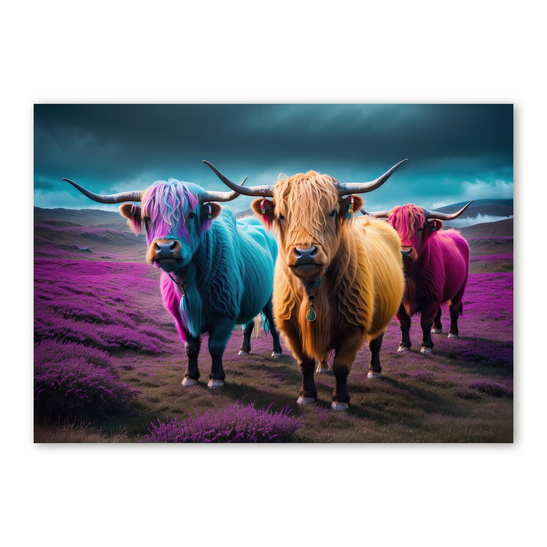 Neon Highland Cows Standing in a Field Print (neon Coos #2) - Etsy