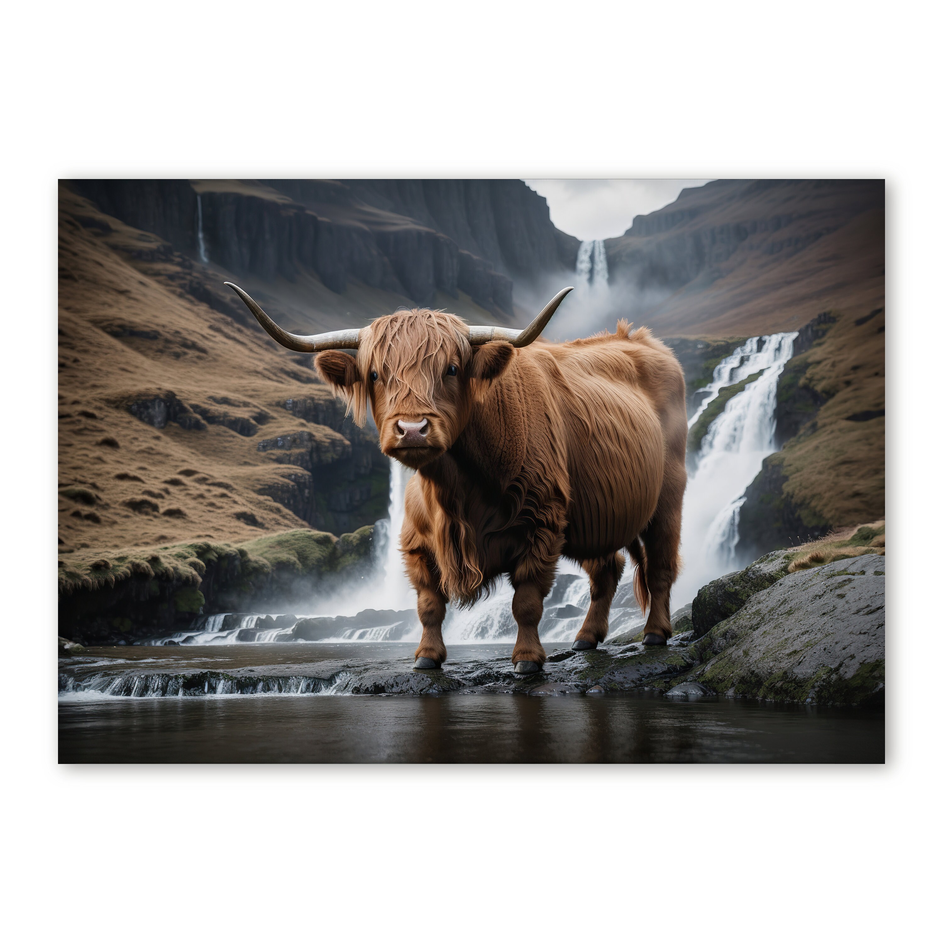 Highland Cow Standing by A Waterfall in the Scottish Mountains Print - Etsy