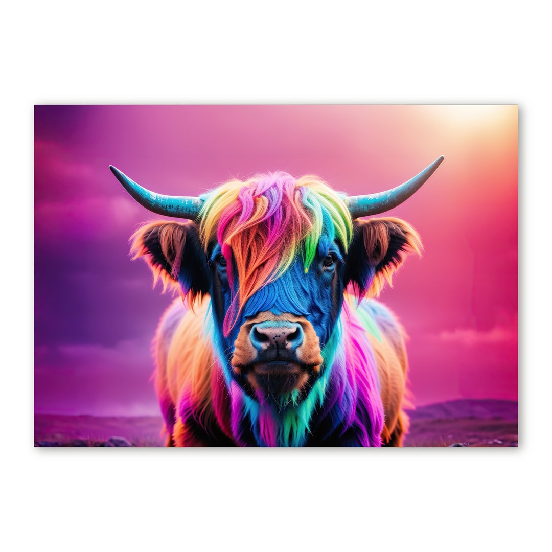 Neon Highland Cow Standing in a Field Print (neon Coos #3) - Etsy