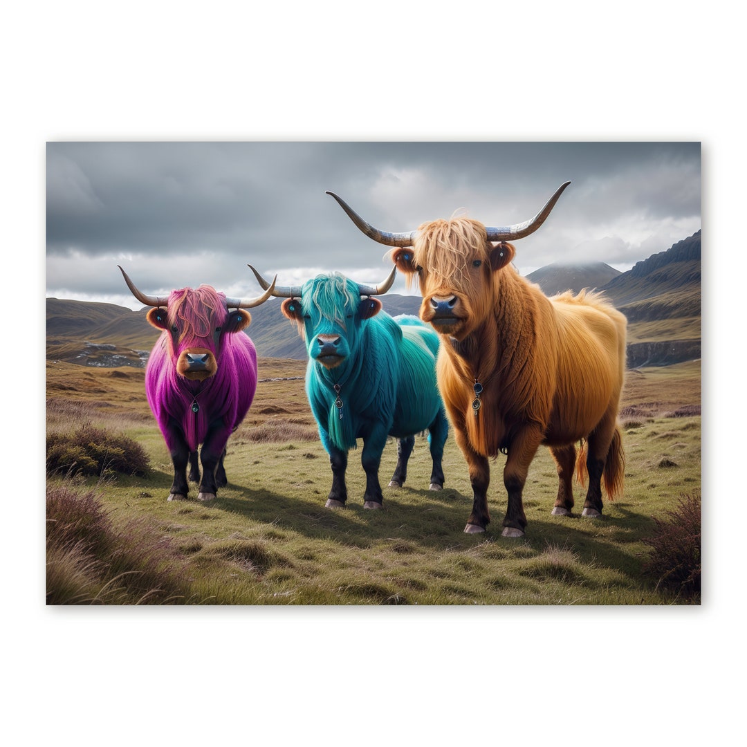 Neon Highland Cows Standing in a Field Print (neon Coos #6) - Etsy