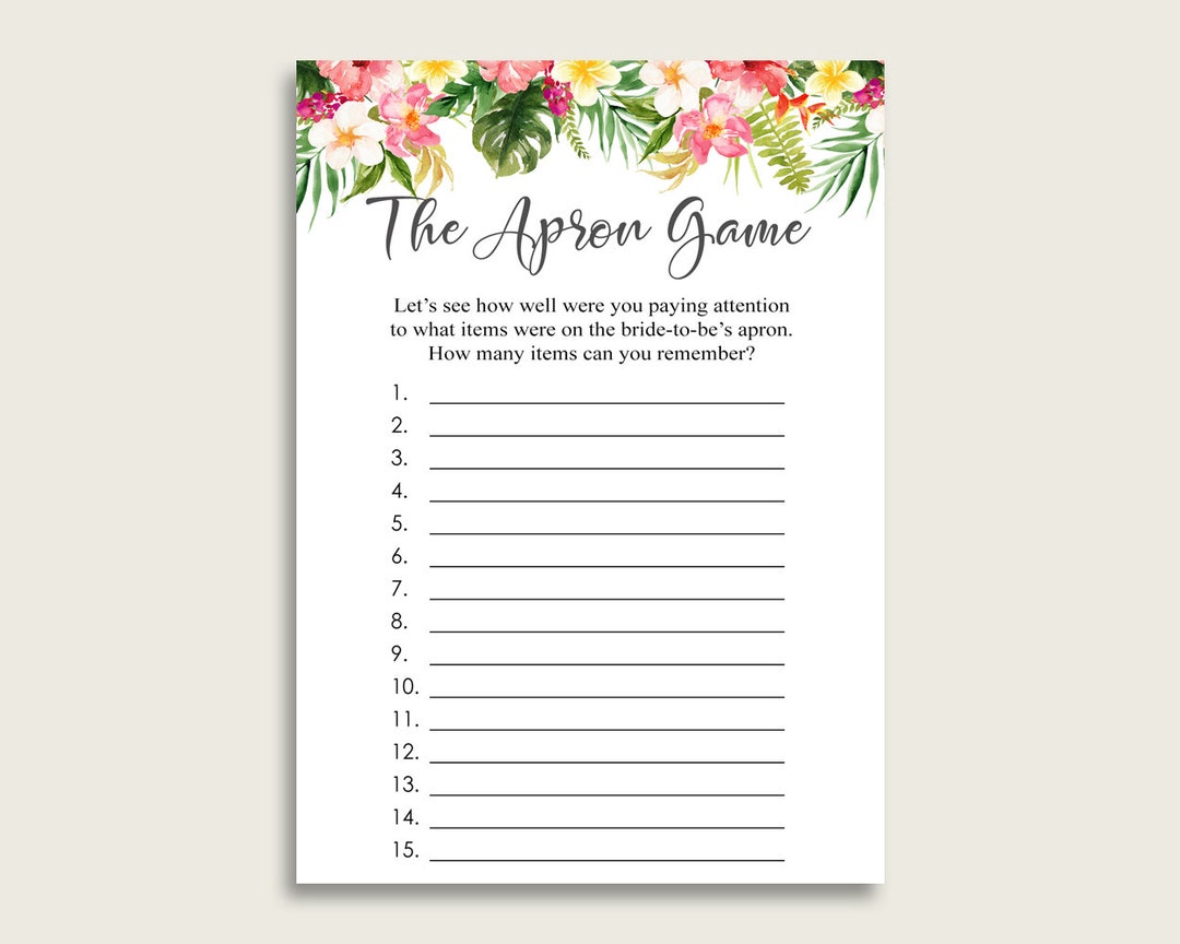 Hawaiian Bridal Shower Apron Game Printable, Pink Green Memory Game ...