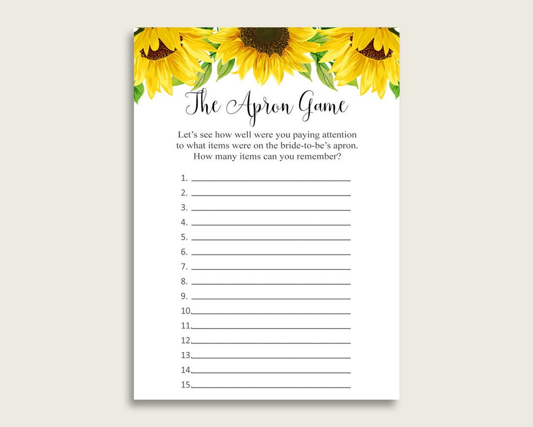 Sunflower Bridal Shower Apron Game Printable, Yellow White Memory Game ...