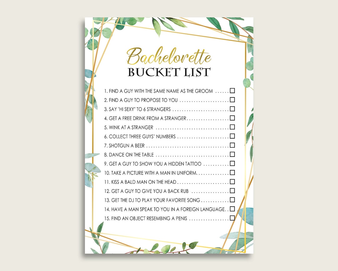Greenery Bachelorette Bucket List Printable, Green Gold Bridal Shower ...