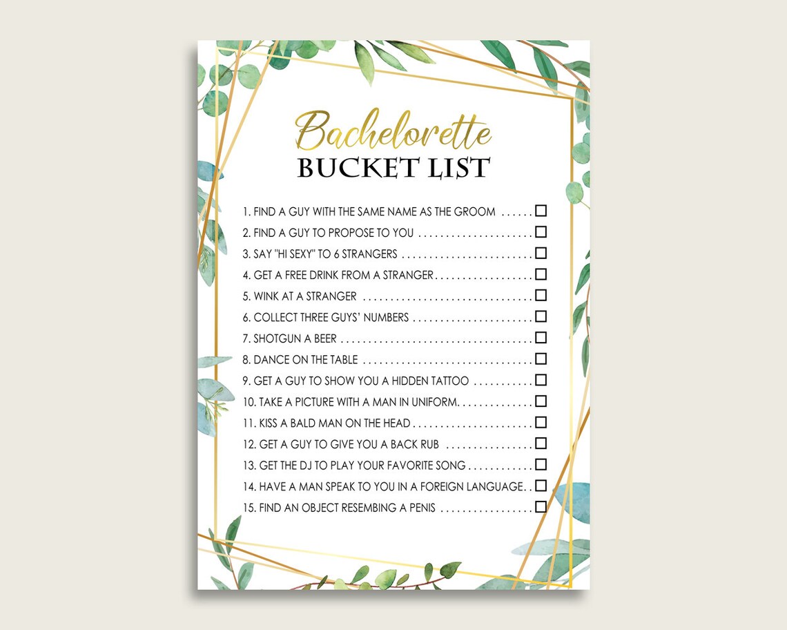 Greenery Bachelorette Bucket List Printable Green Gold Bridal - Etsy