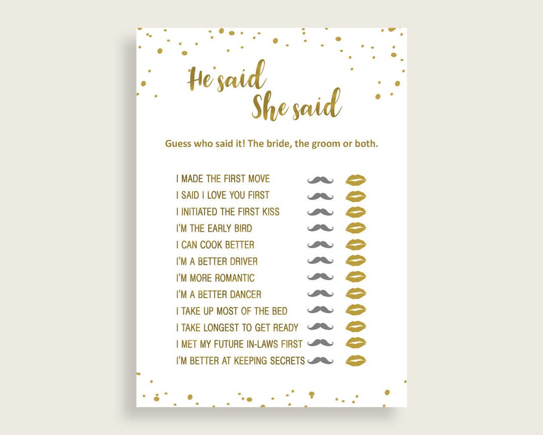 He Said She Said Game Bridal Shower He Said She Said Game Gold Bridal ...