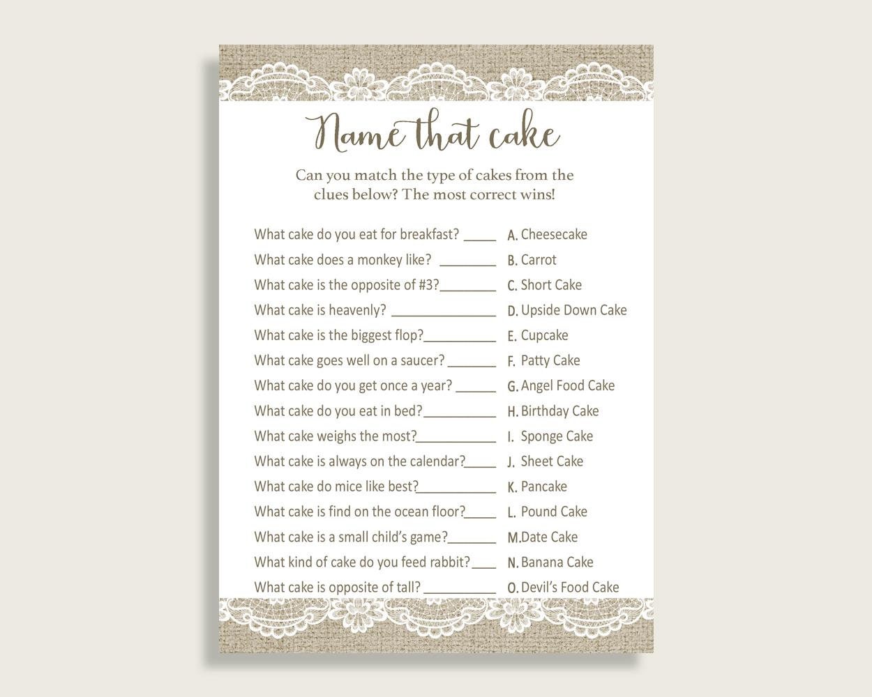 Name That Cake Bridal Shower Name That Cake Burlap And Lace | Etsy
