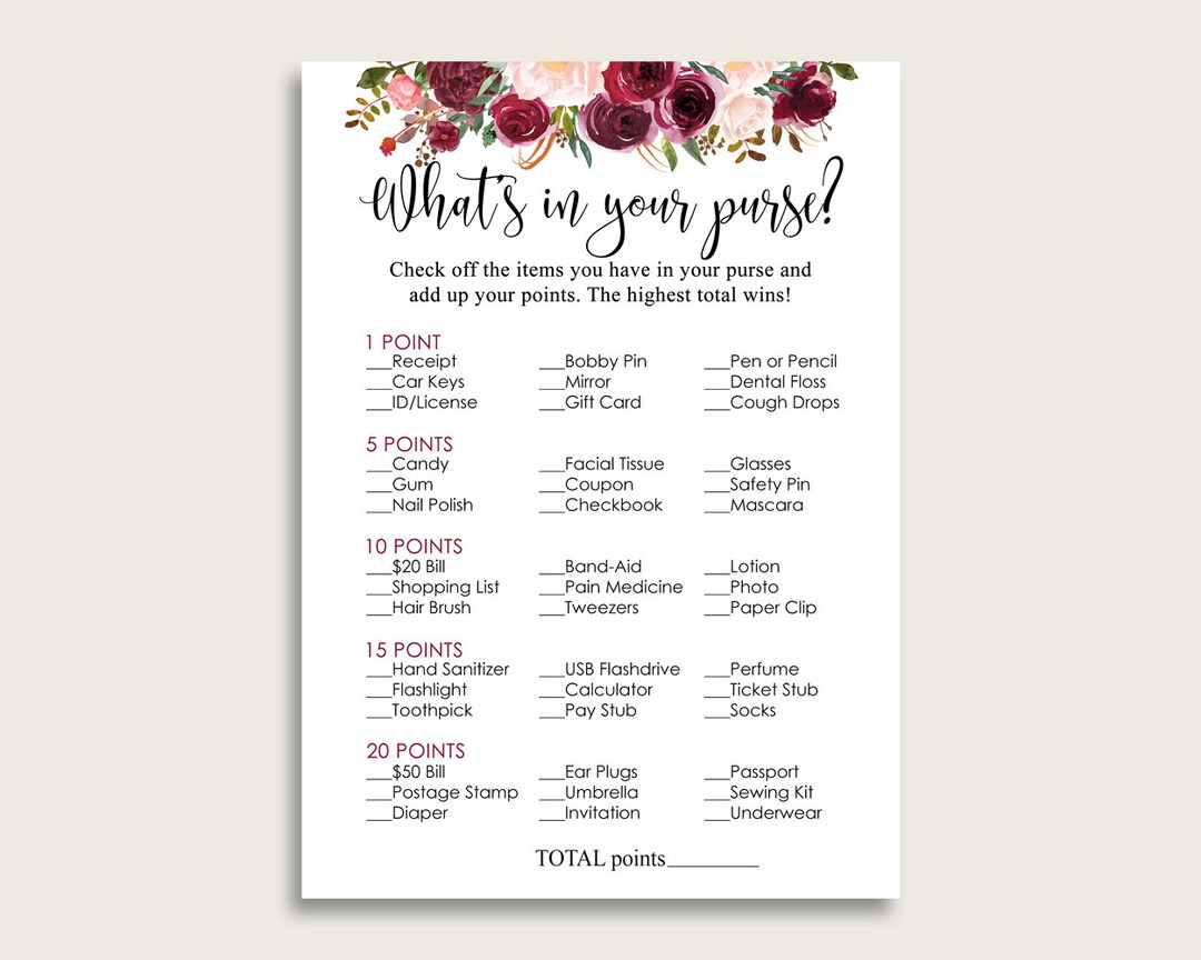 Burgundy Whats in Your Purse Game, Red Pink Bridal Shower Printable ...
