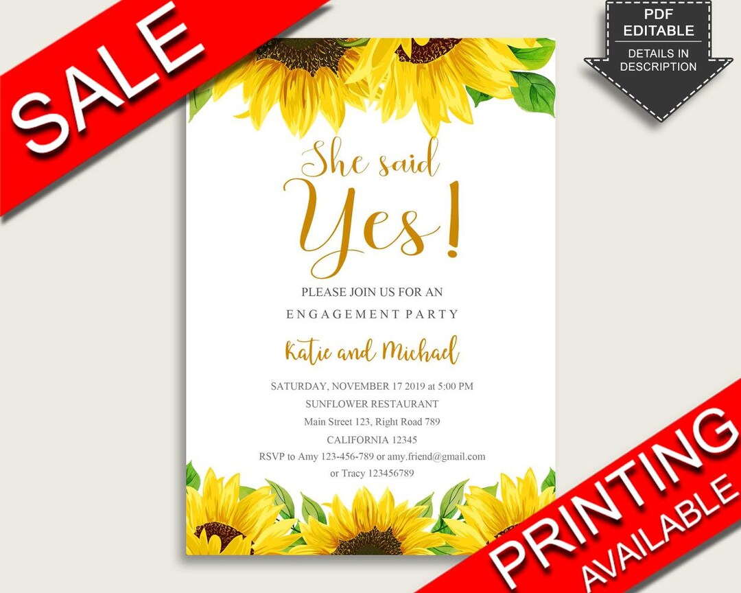 Sunflower She Said Yes Invitation Editable, Yellow White Engagement ...