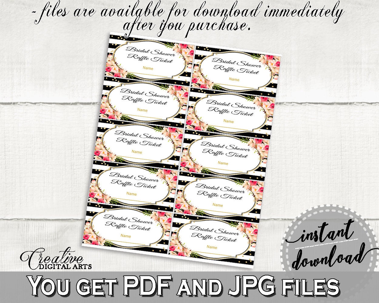 Flower Bouquet Black Stripes Bridal Shower Raffle Ticket in Black and ...