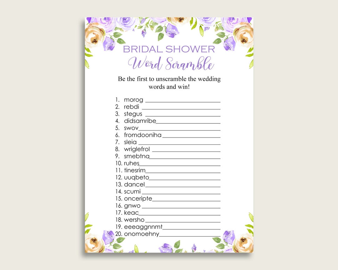 Purple Floral Bridal Shower Word Scramble Game, Purple Yellow Word ...