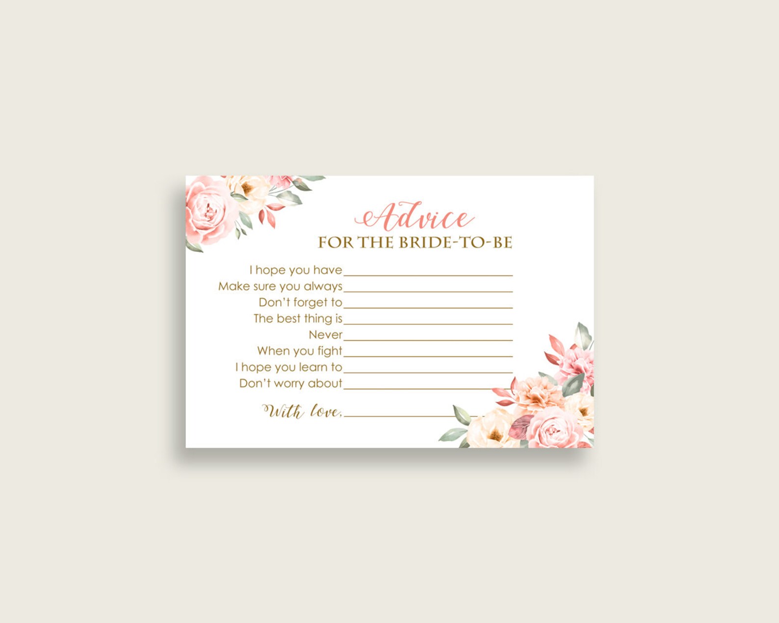 Blush Flowers Bridal Shower Advice Cards & Sign Printable, Pink Yellow ...