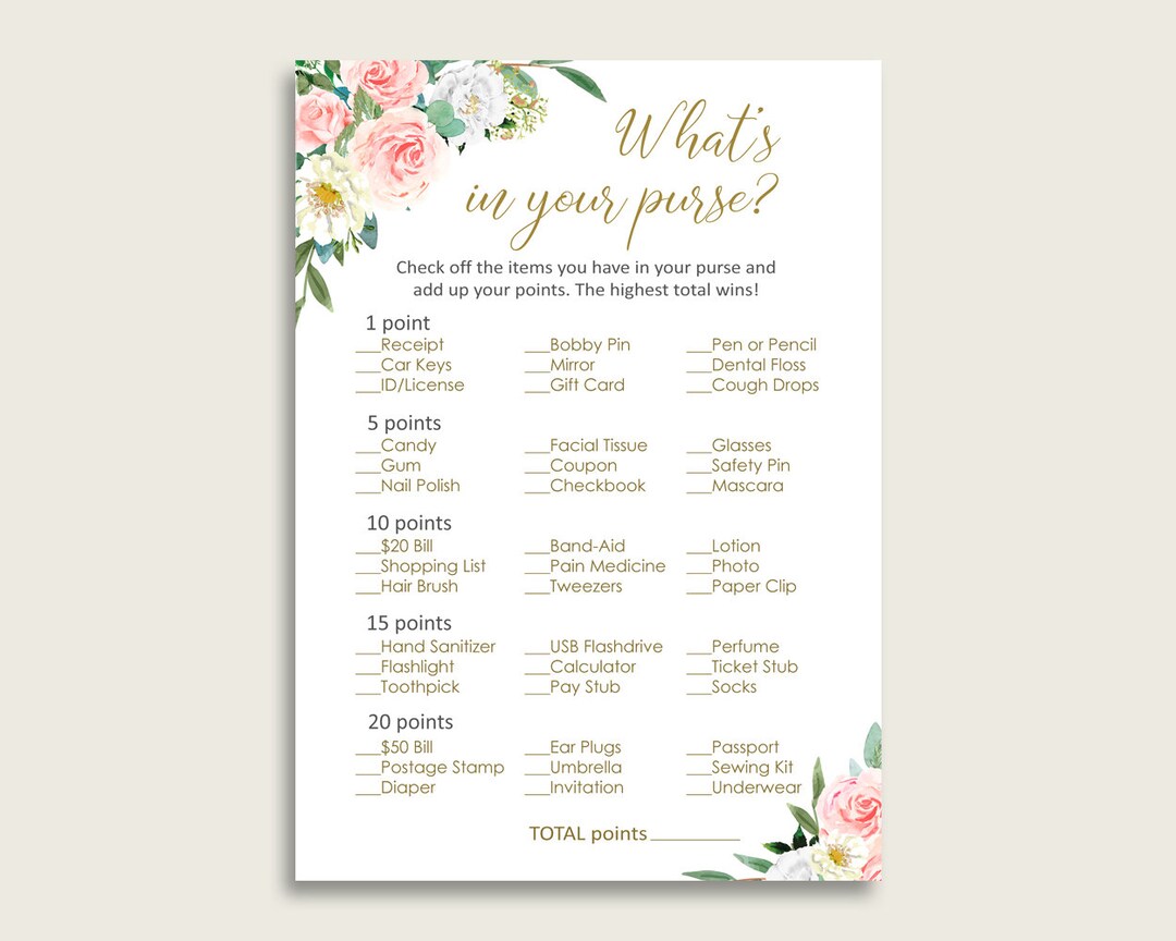 Blush Floral Whats in Your Purse Game, Pink Green Bridal Shower ...