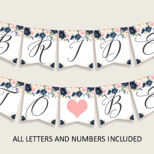 Navy Blush Floral Bridal Shower Banner Letters Printable Blue - Etsy