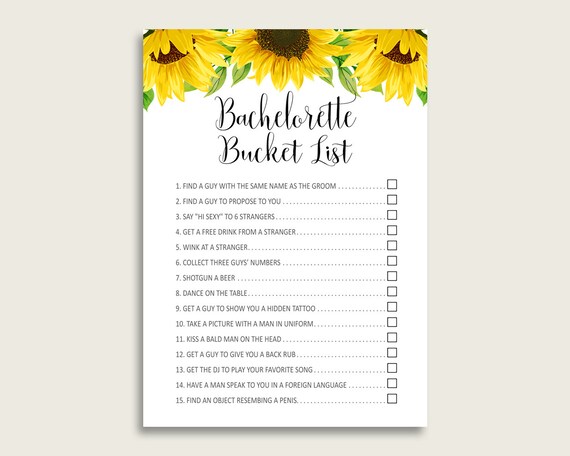 Sunflower Bachelorette Bucket List Printable Yellow White - Etsy