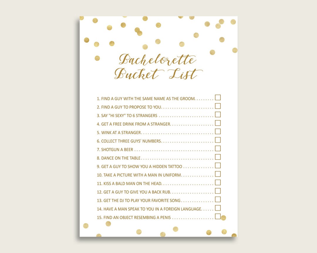 Gold Confetti Bachelorette Bucket List Printable, Gold White Bridal ...