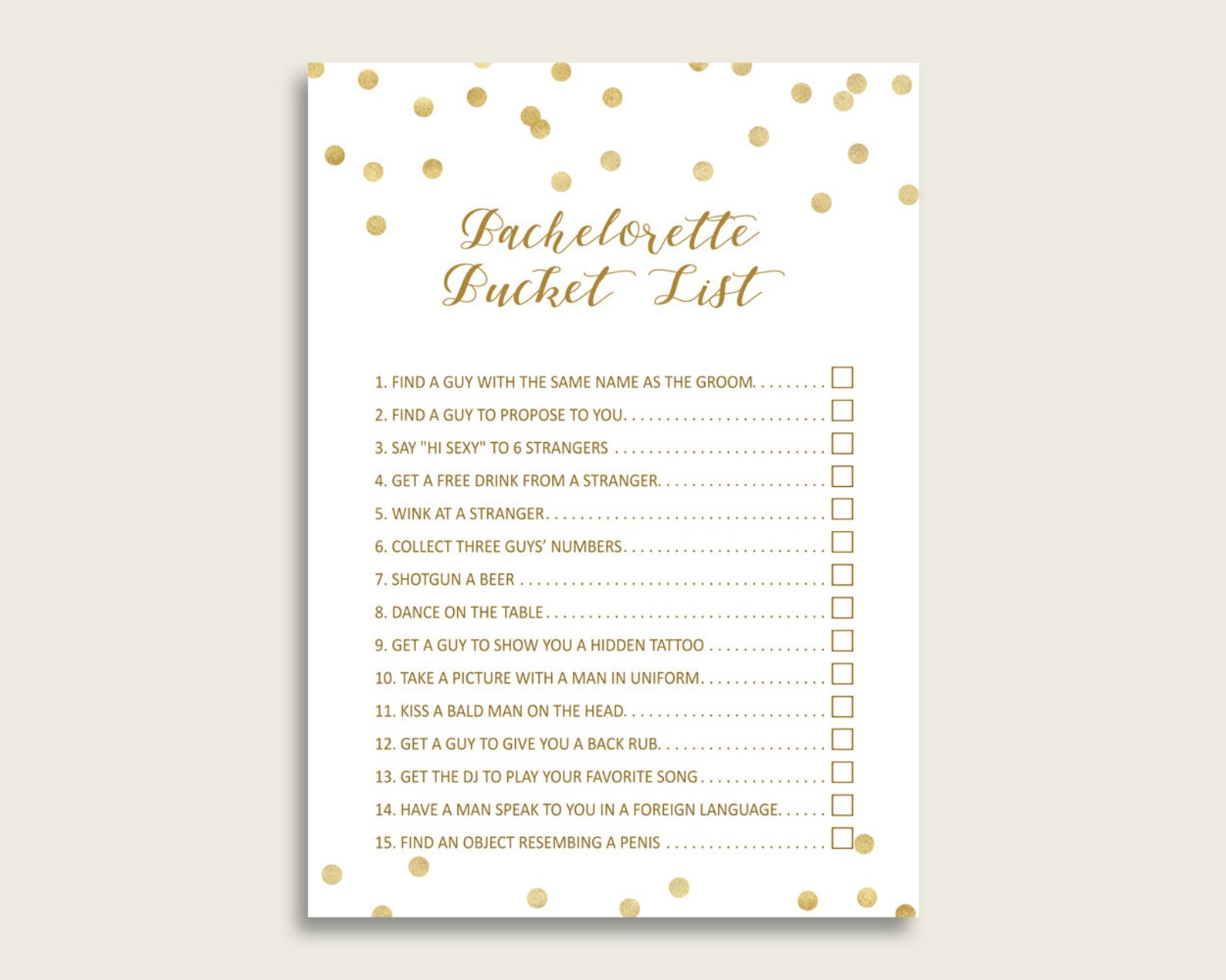 Gold Confetti Bachelorette Bucket List Printable Gold White | Etsy
