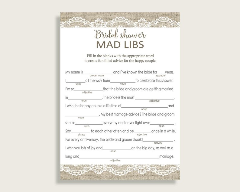 Bridal Shower Mad Libs