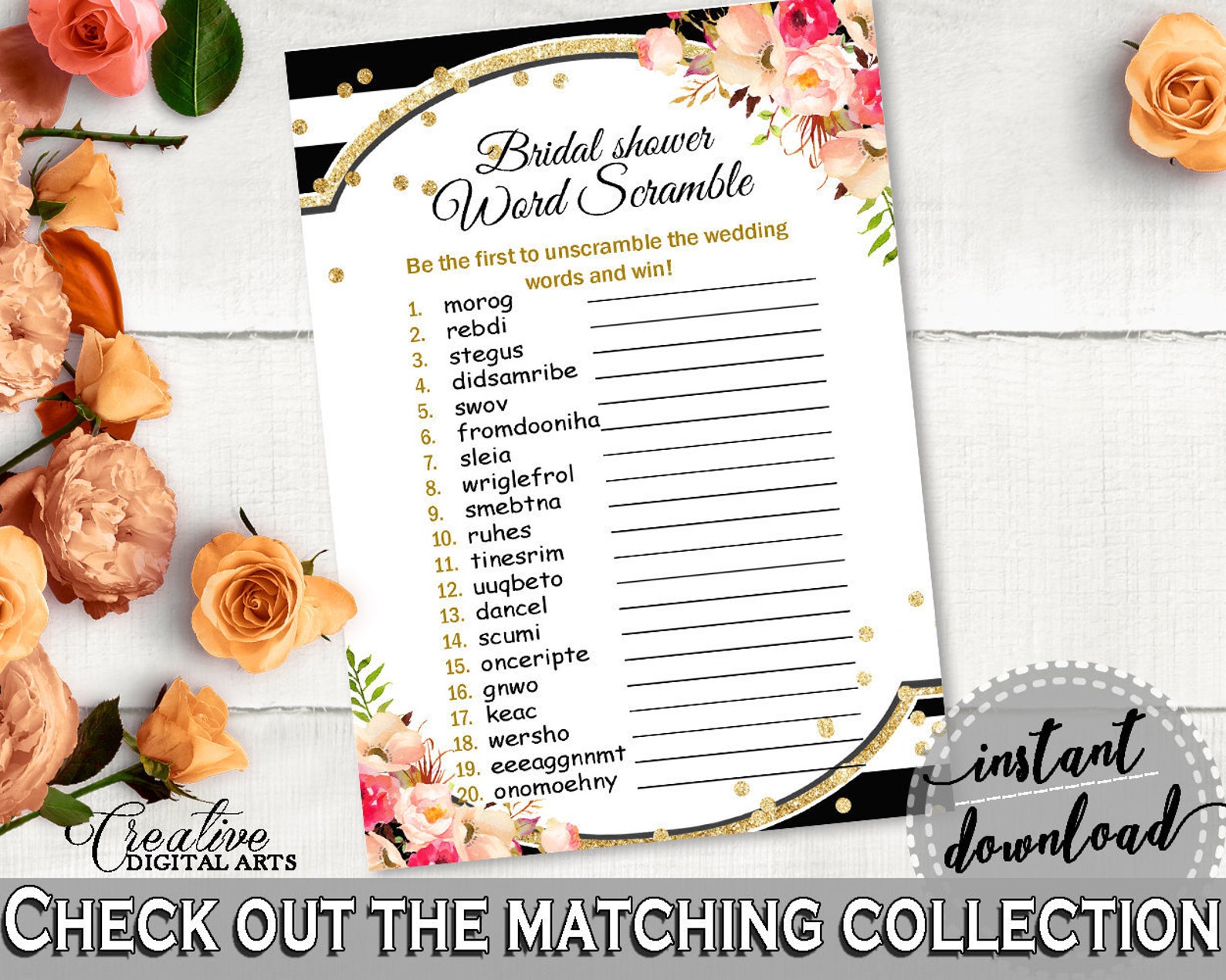 Word Scramble in Flower Bouquet Black Stripes Bridal Shower Black and ...