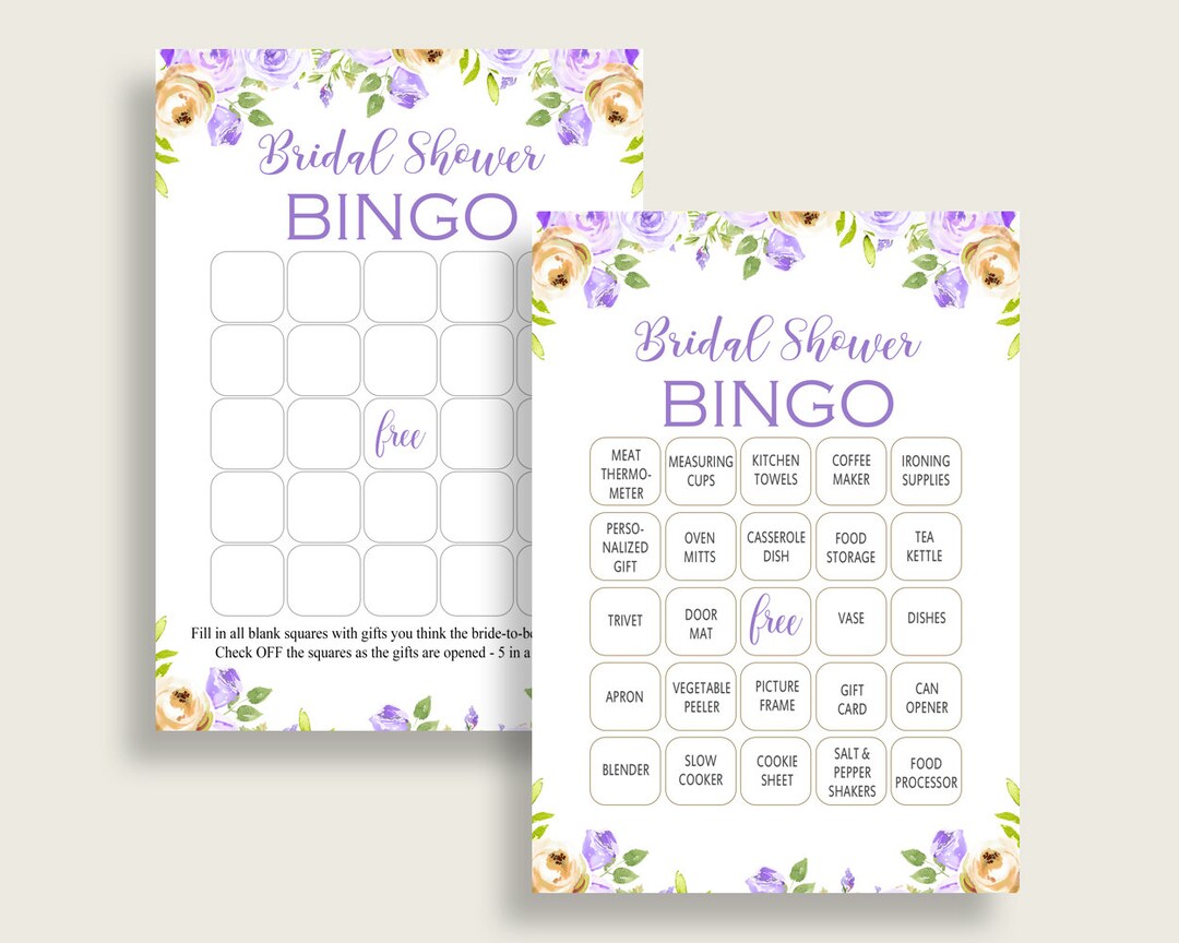 Purple Floral Bridal Shower Bingo Cards Printable, 60 Prefilled Bingo ...