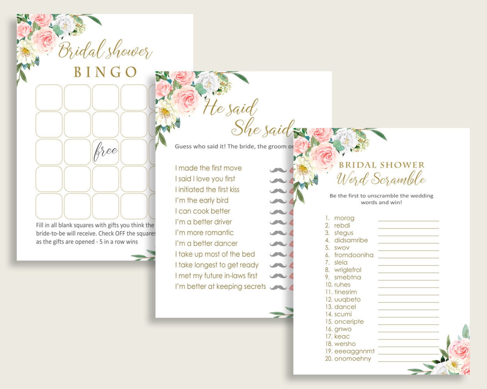 Blush Floral Bridal Shower Games Bundle Pink Green Games | Etsy