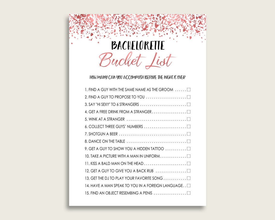 Confetti Bachelorette Bucket List Printable, Rose Gold White Bridal ...