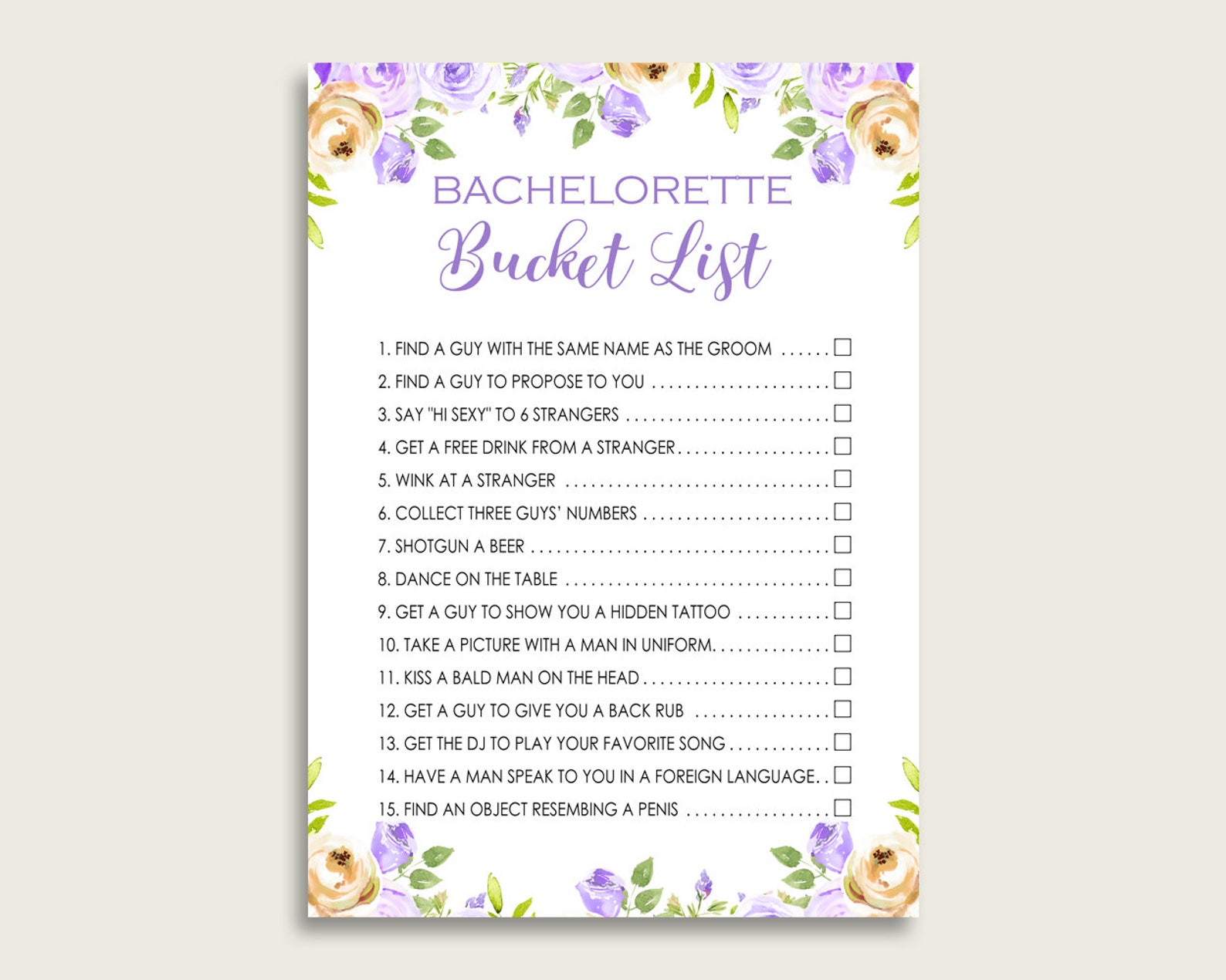 Purple Floral Bachelorette Bucket List Printable Purple - Etsy