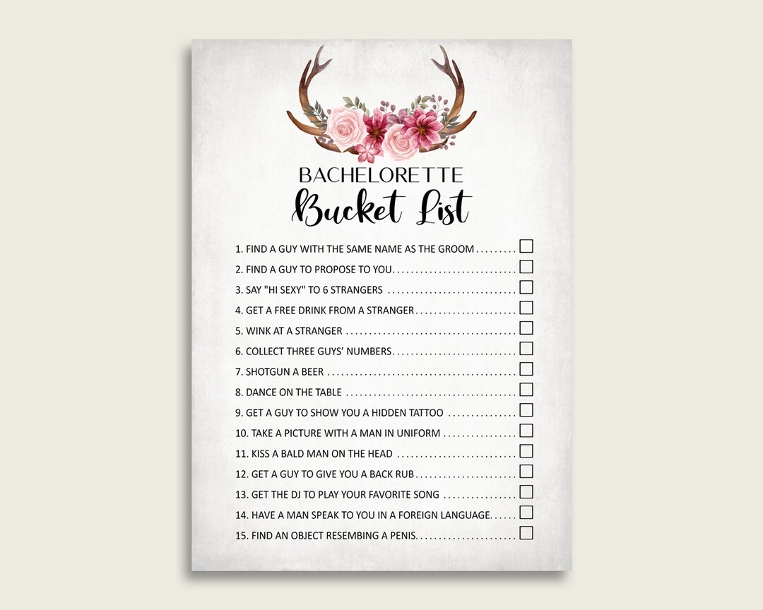 Deer Antlers Bachelorette Bucket List Printable, Pink Gray Bridal ...