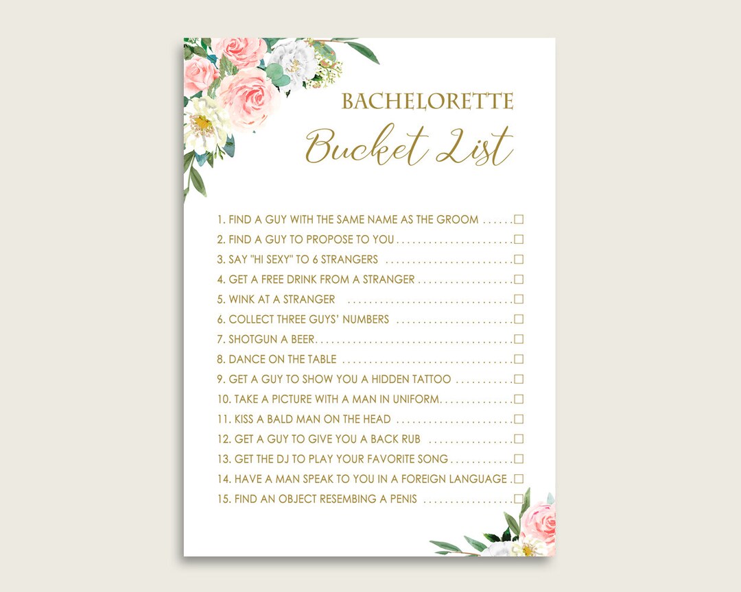 Blush Floral Bachelorette Bucket List Printable, Pink Green Bridal ...
