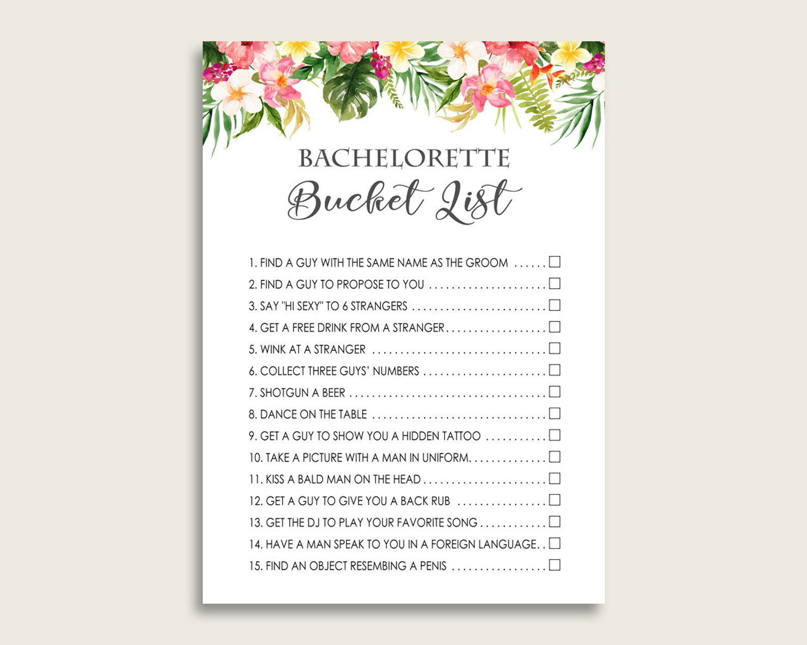 Hawaiian Bachelorette Bucket List Printable, Pink Green Bridal Shower ...