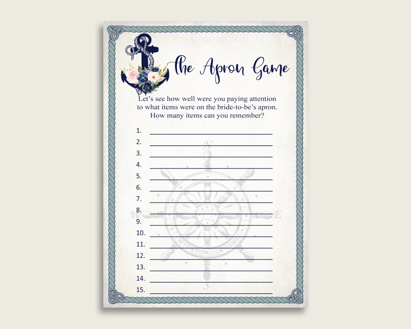 Nautical Anchor Bridal Shower Apron Game Printable, Blue Beige Memory ...
