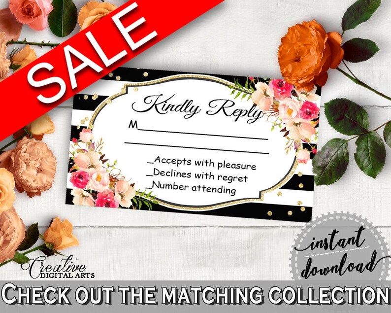 Invitation Insert Kindly Reply in Flower Bouquet Black Stripes | Etsy