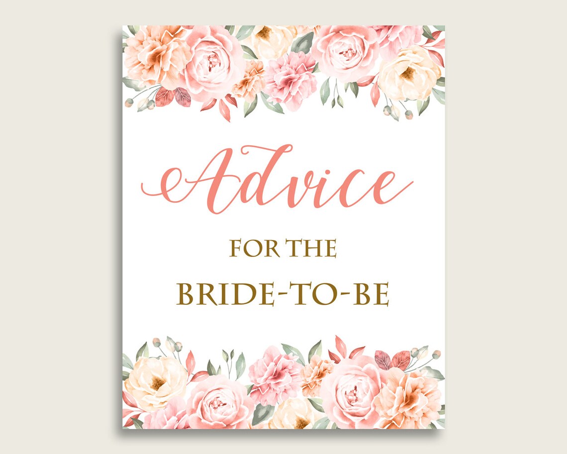 Blush Flowers Bridal Shower Advice Cards & Sign Printable, Pink Yellow ...