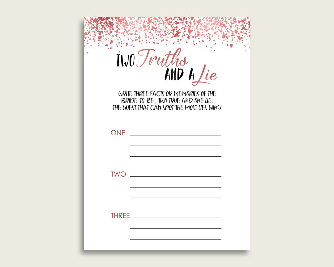 Confetti Bridal Shower Two Truths and A Lie Game, Rose Gold White ...