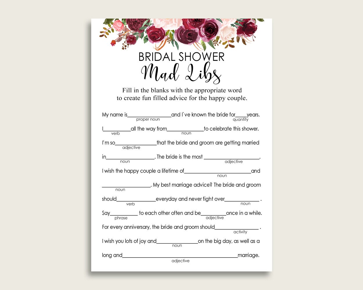 Burgundy Bridal Shower Mad Libs Cards Game Red Pink Mad Libs | Etsy