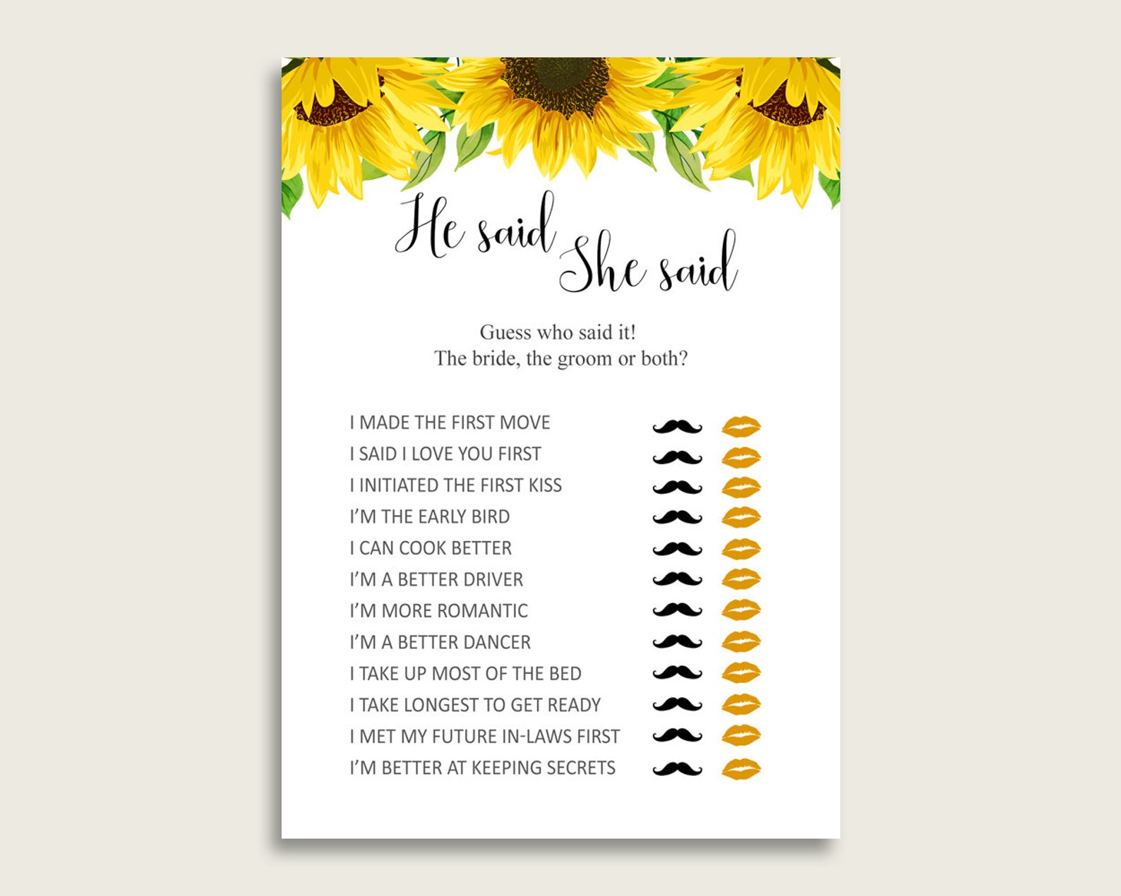 Sunflower Bridal Shower He Said She Said Game, Yellow White Gues Who ...