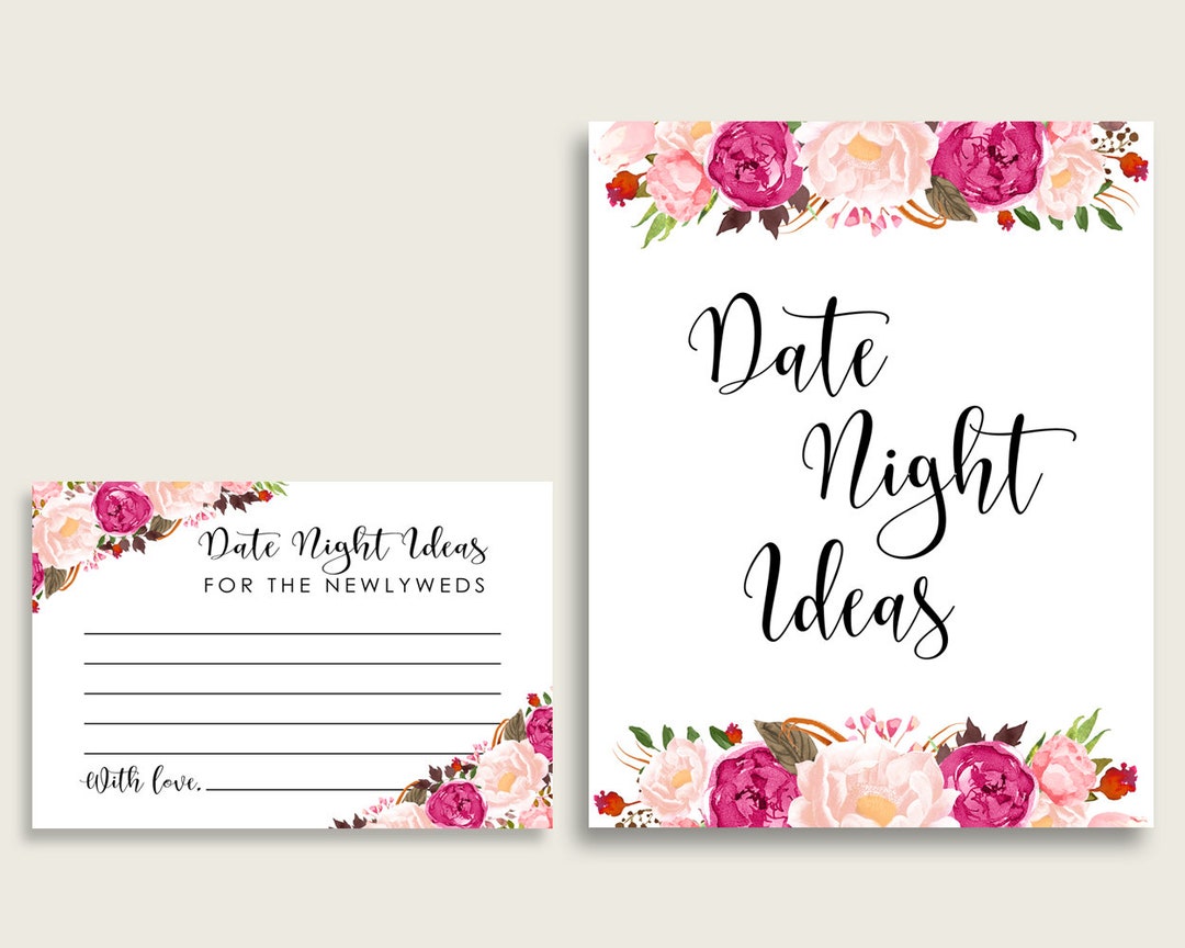 Bohemian Date Night Ideas Cards and Sign Printable, Pink Beige Bridal ...