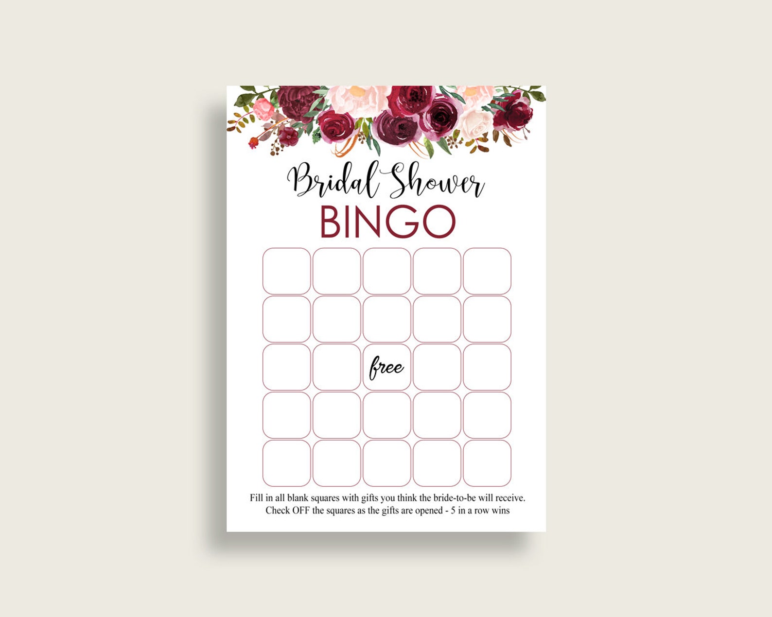 Burgundy Bridal Shower Bingo Cards Printable 60 Prefilled - Etsy