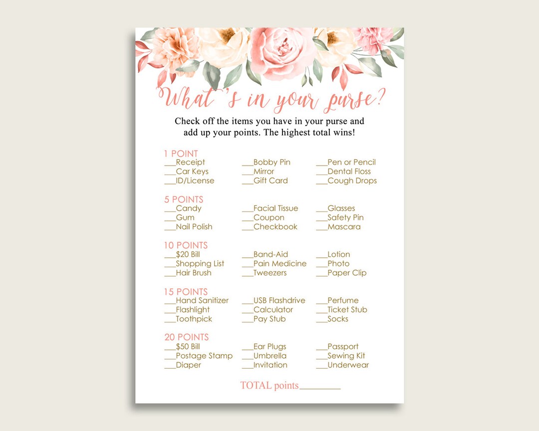 Blush Flowers Whats in Your Purse Game, Pink Yellow Bridal Shower ...