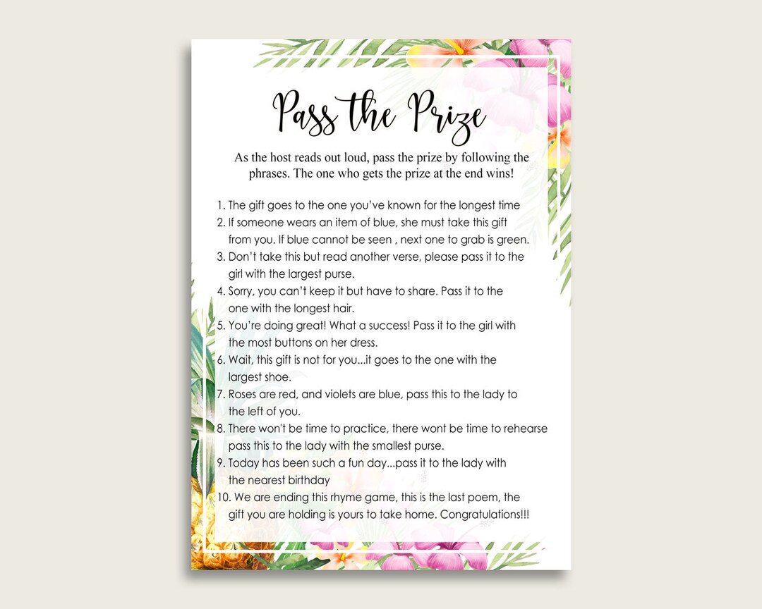 Tropical Bridal Shower Pass the Prize Game, Green Pink Pass the Gift ...