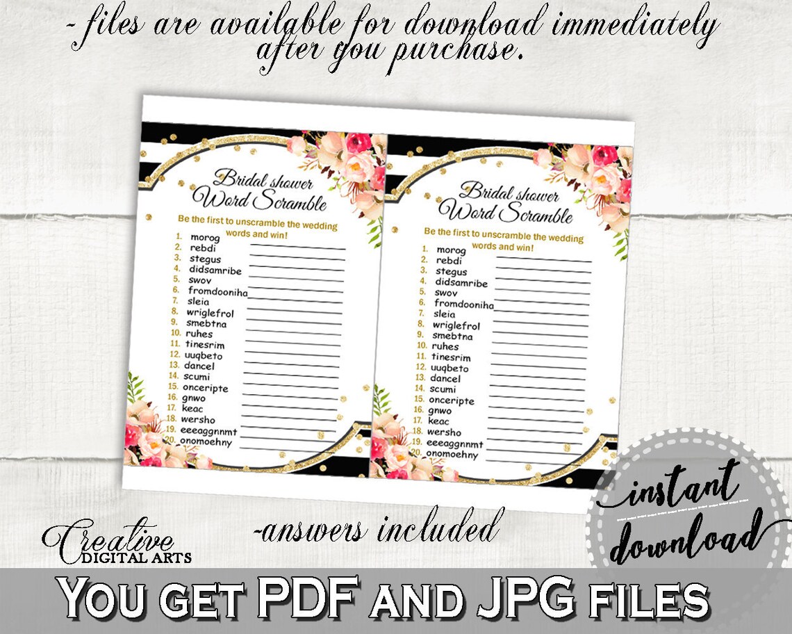 Word Scramble in Flower Bouquet Black Stripes Bridal Shower Black and ...