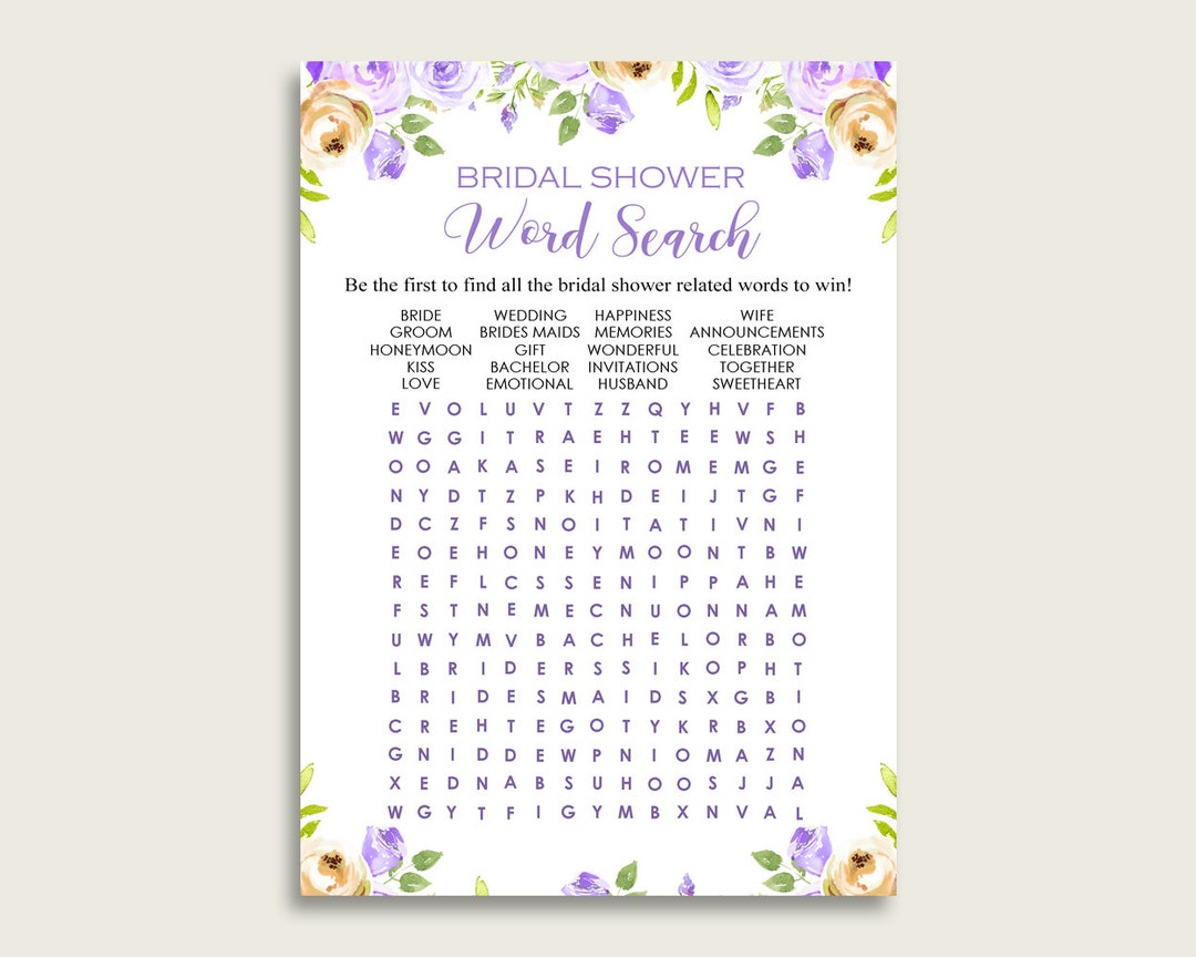 Purple Floral Bridal Shower Word Search Game, Purple Yellow Word Search ...