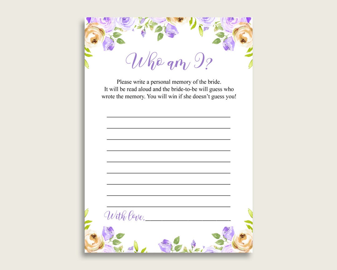Purple Yellow Who Am I Bridal Shower Game Printable, Purple Floral ...